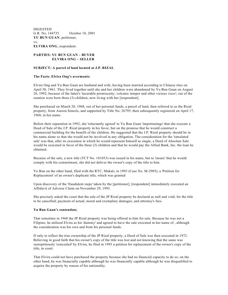 Yu Bun Guan Vs Elvira Ong Case Digest | Download Free PDF | Deed ...