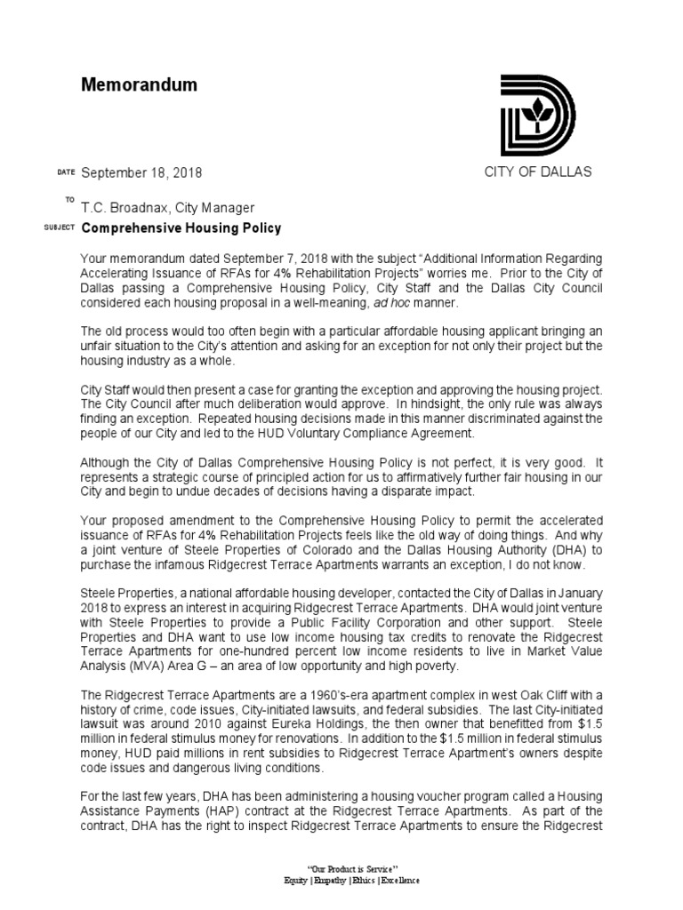 2018-09-18 - Memo To TC RE Comprehensive Housing Policy | Download Free ...