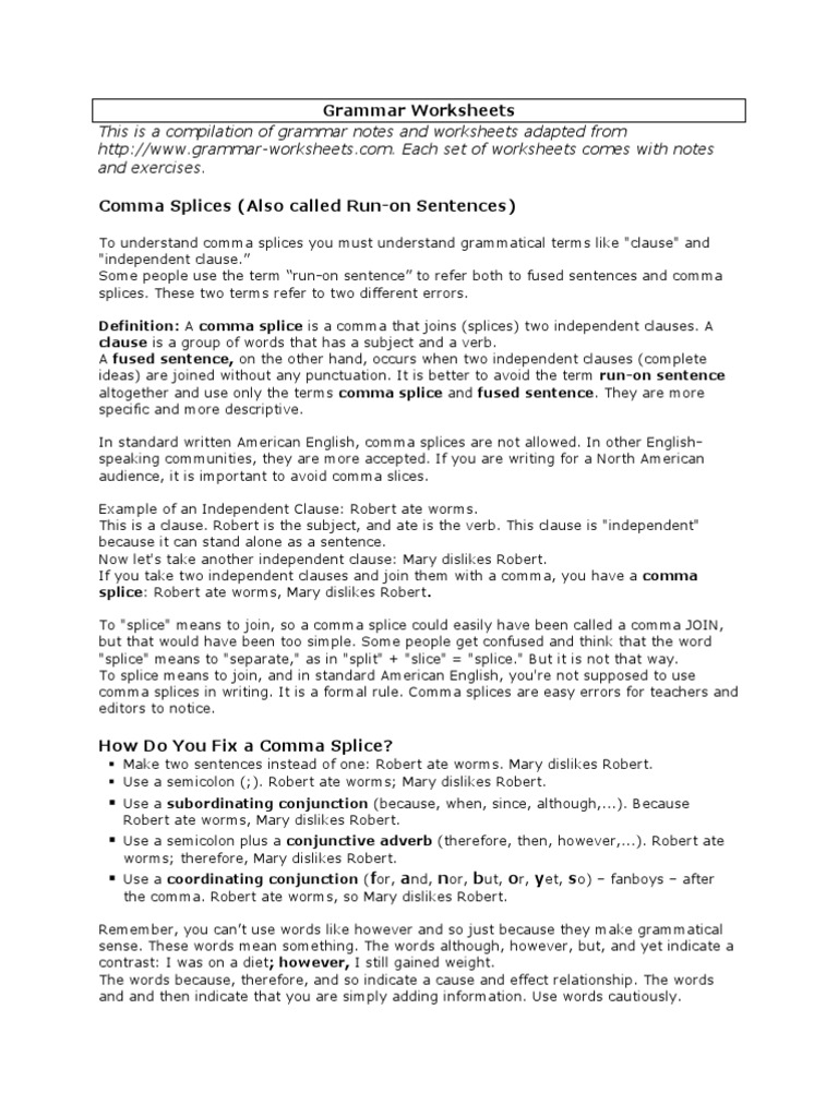 Grammar Worksheets | PDF | Comma | Syntax