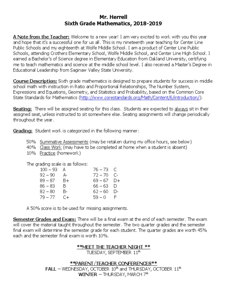 6th Grade Math Syllabus 2018-2019 | PDF | Homework | Academic Term
