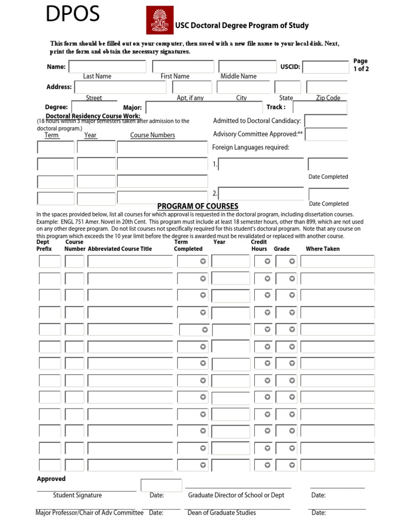 USC DPOS Form (Blank) | PDF | Graduate School | Doctor Of Philosophy