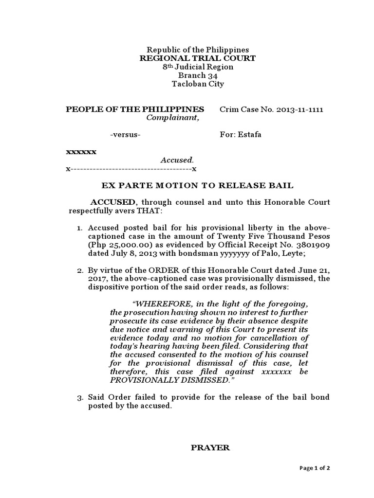 Motion To Release Bail Bond | PDF | Bail | Courts