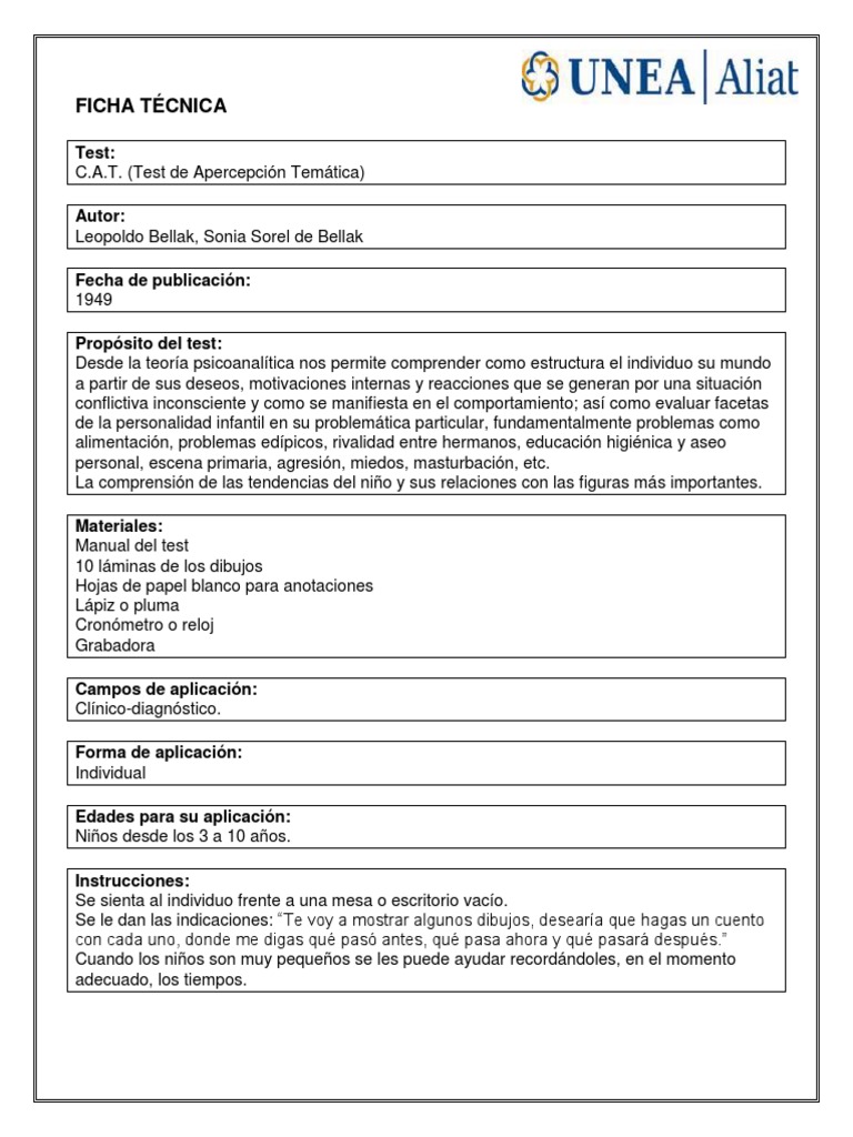 Ficha Tecnica Test de Cat | PDF | Psicoanálisis | Aparición
