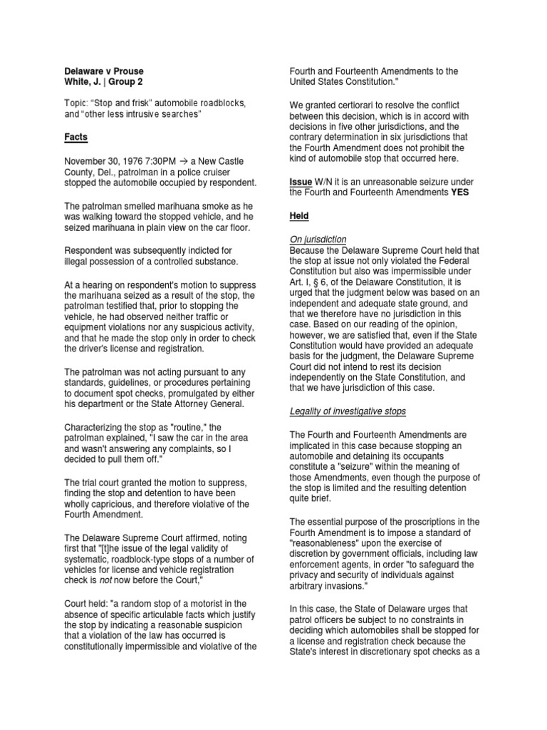 Delaware V Prouse | PDF | Fourth Amendment To The United States ...