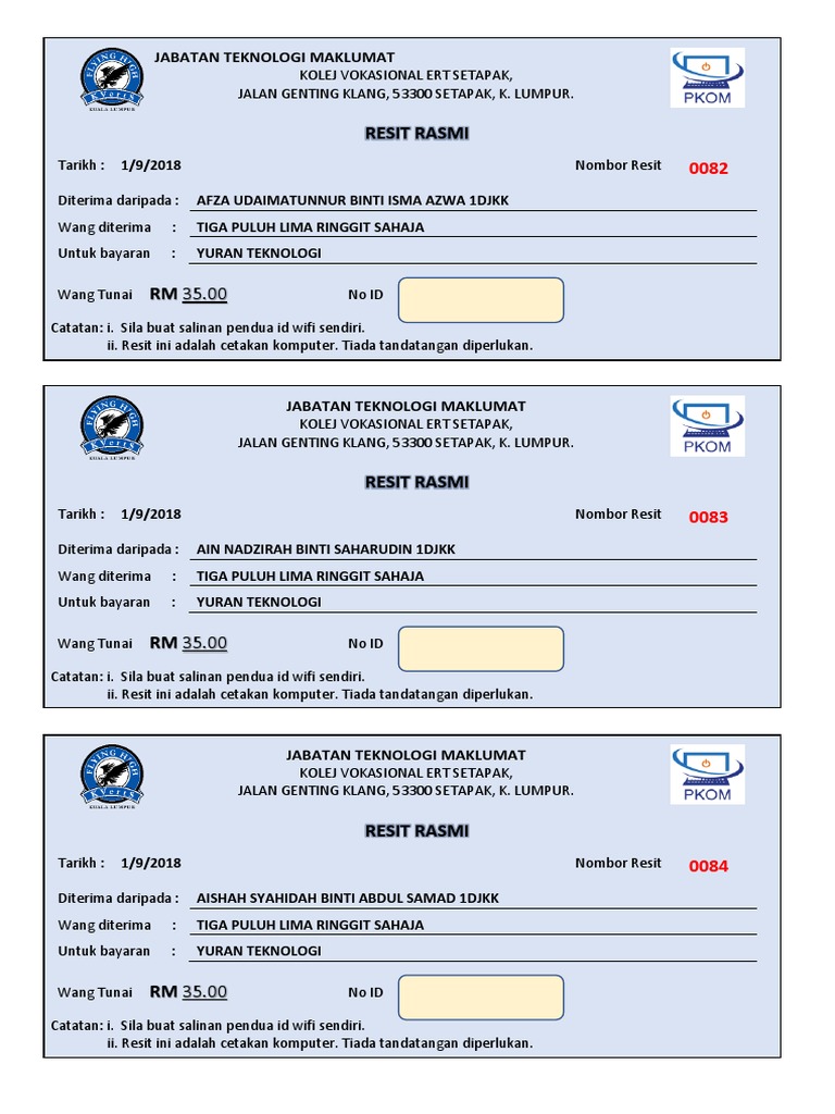 Template Resit Yuran Teknologi | PDF