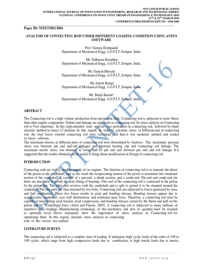 Analysis of Connecting Rod Under Different Loading Condition Using ...