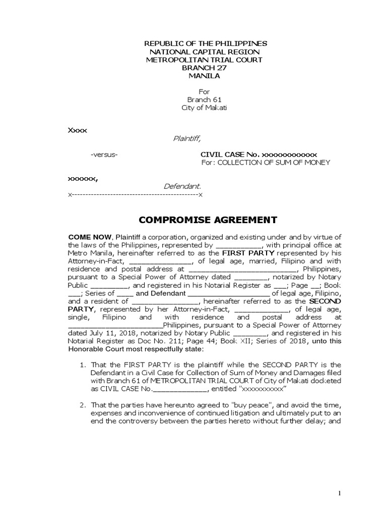 Compromise Agreement Template | PDF | Lawsuit | Notary Public