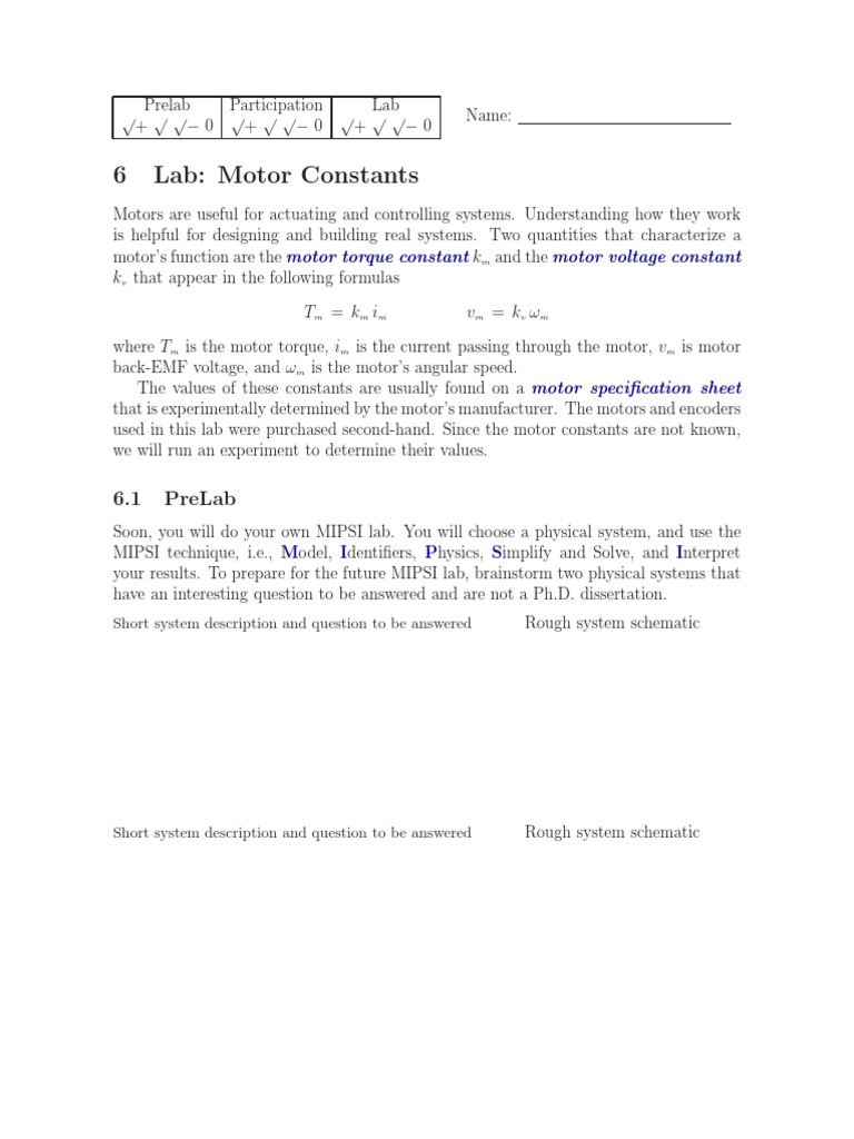 6 Lab: Motor Constants: 6.1 Prelab | PDF | Volt | Torque
