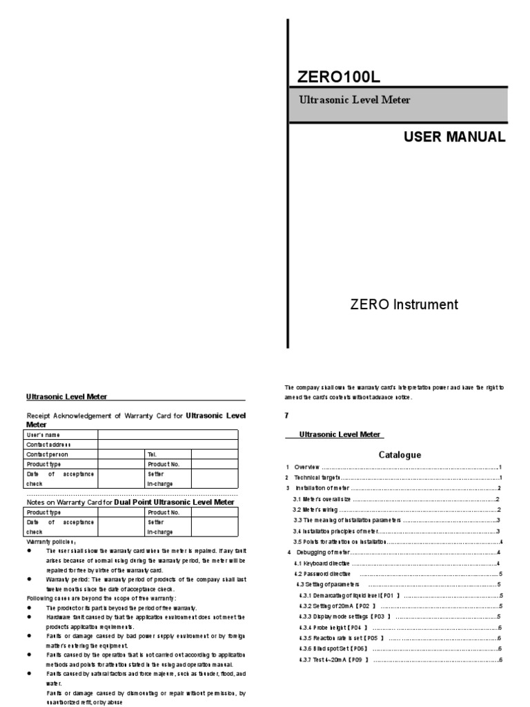 ZERO100L Ultrasonic Level Meter Manual. Two Lines Dalian Zero Instrument Technology Co., LTD ...