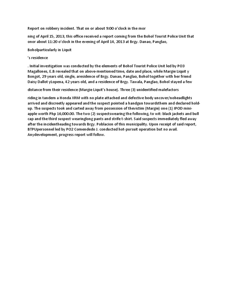 Report On Robbery Incident | PDF