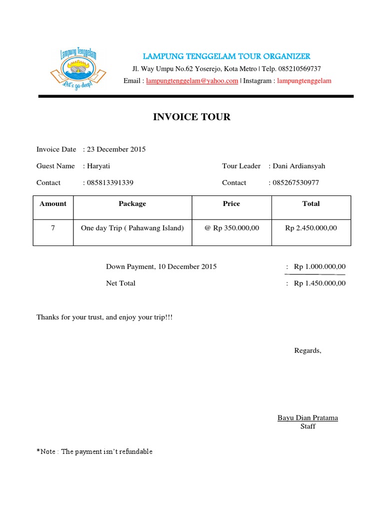 Contoh Invoice Jasa Trip and Tour | PDF | Business