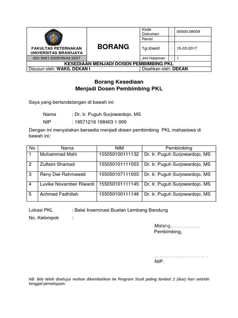 Borang Kesediaan Menjadi Dosen Pembimbing PKL | PDF