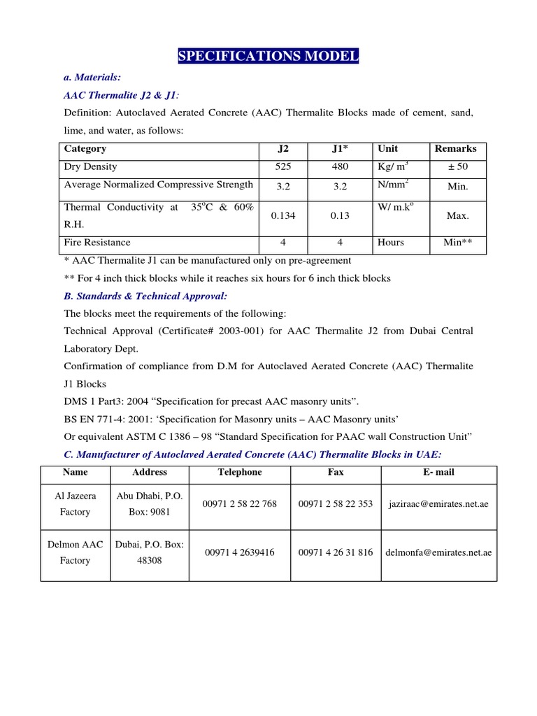 SPECIFICATIONS MODEL AAC Block PDF | PDF | Concrete | Masonry