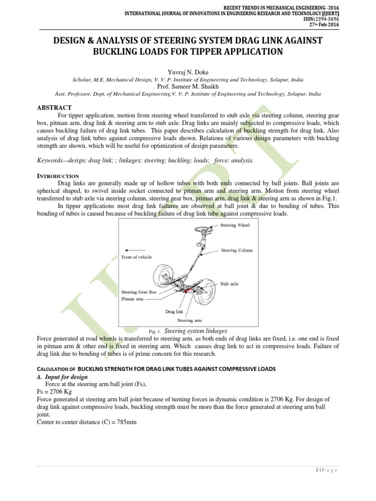 Design & Analysis of Steering System Drag Link Against Buckling Loads ...