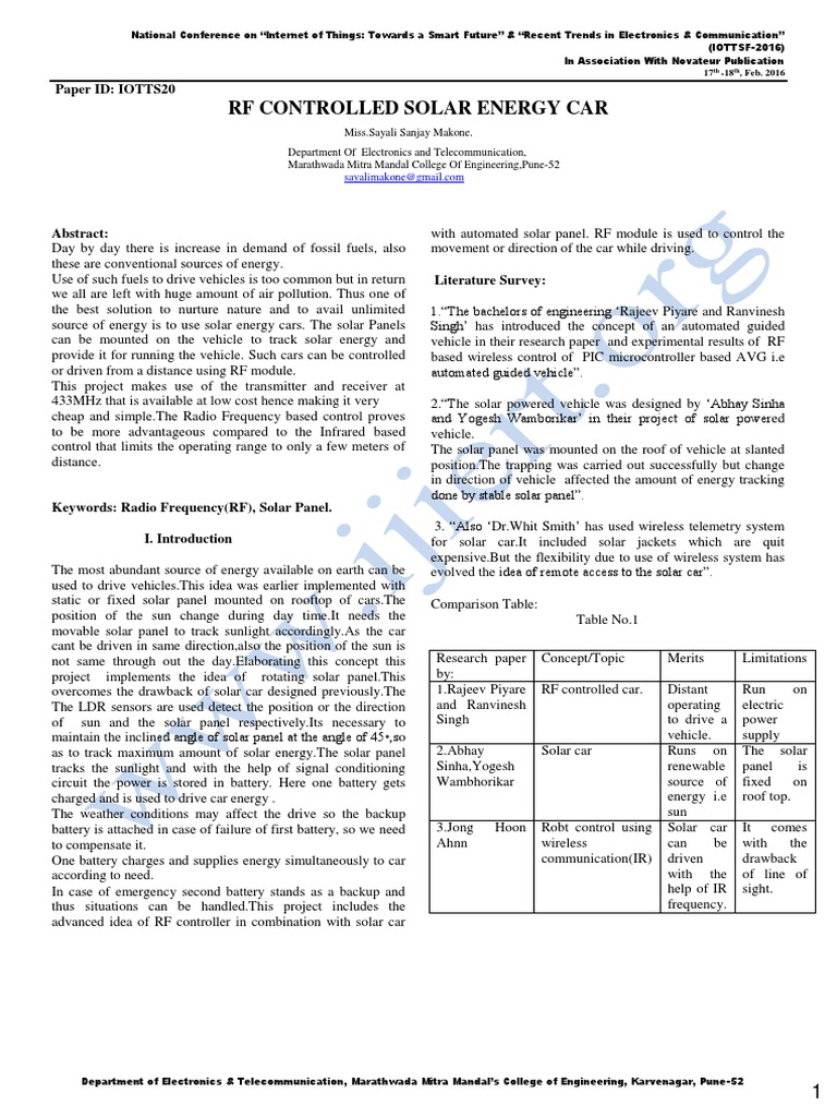 RF Controlled Solar Energy Car Project | PDF | Solar Power | Solar Panel