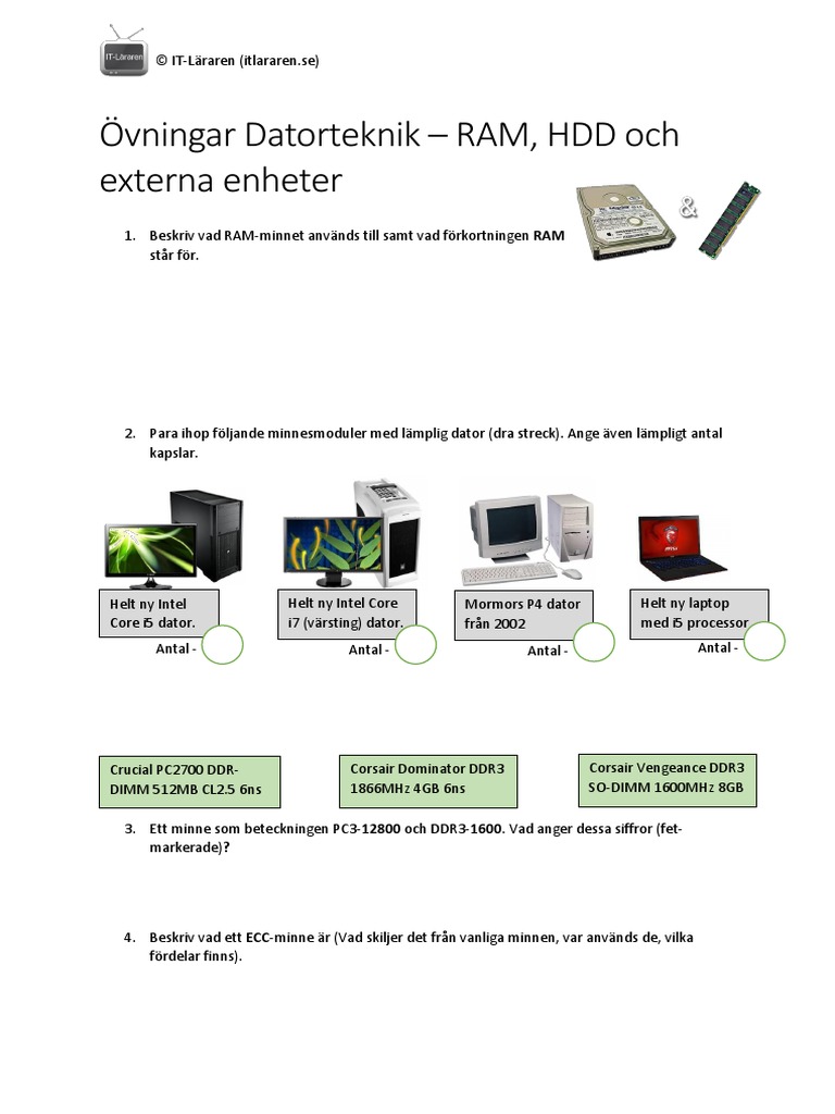 Doc-Övningar Datorteknik RAM HDD Externa Enheter PDF | PDF