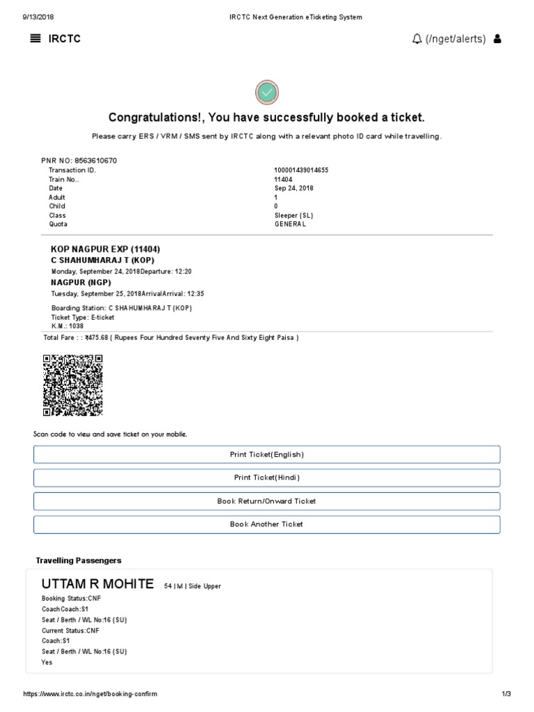 Successfully Booked Sleeper Class Ticket from Kopar to Nagpur on IRCTC ...