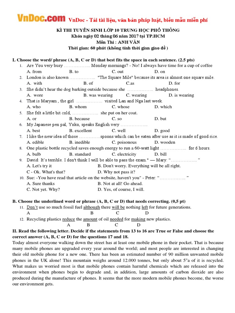De Thi Vao Lop 10 Mon Tieng Anh Nam 2017 2018 TP HCM 003 | PDF | Halloween | Nature