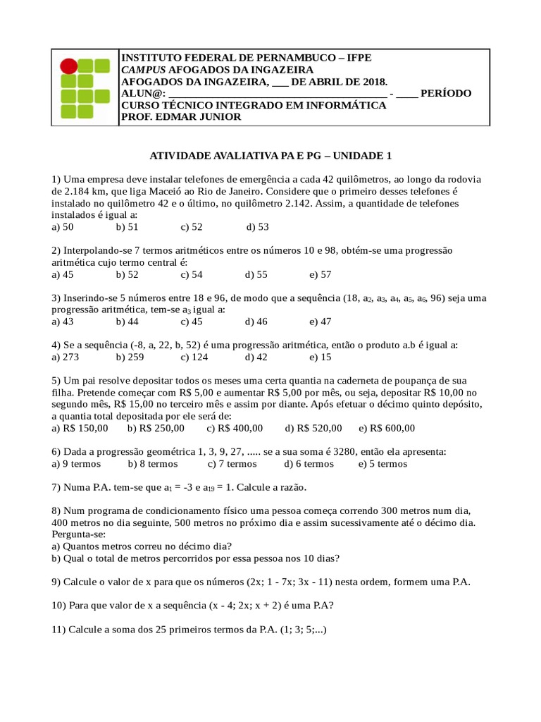 Atividade Avaliativa Pa e PG Ok | PDF | Sequência | Ensino de Matemática