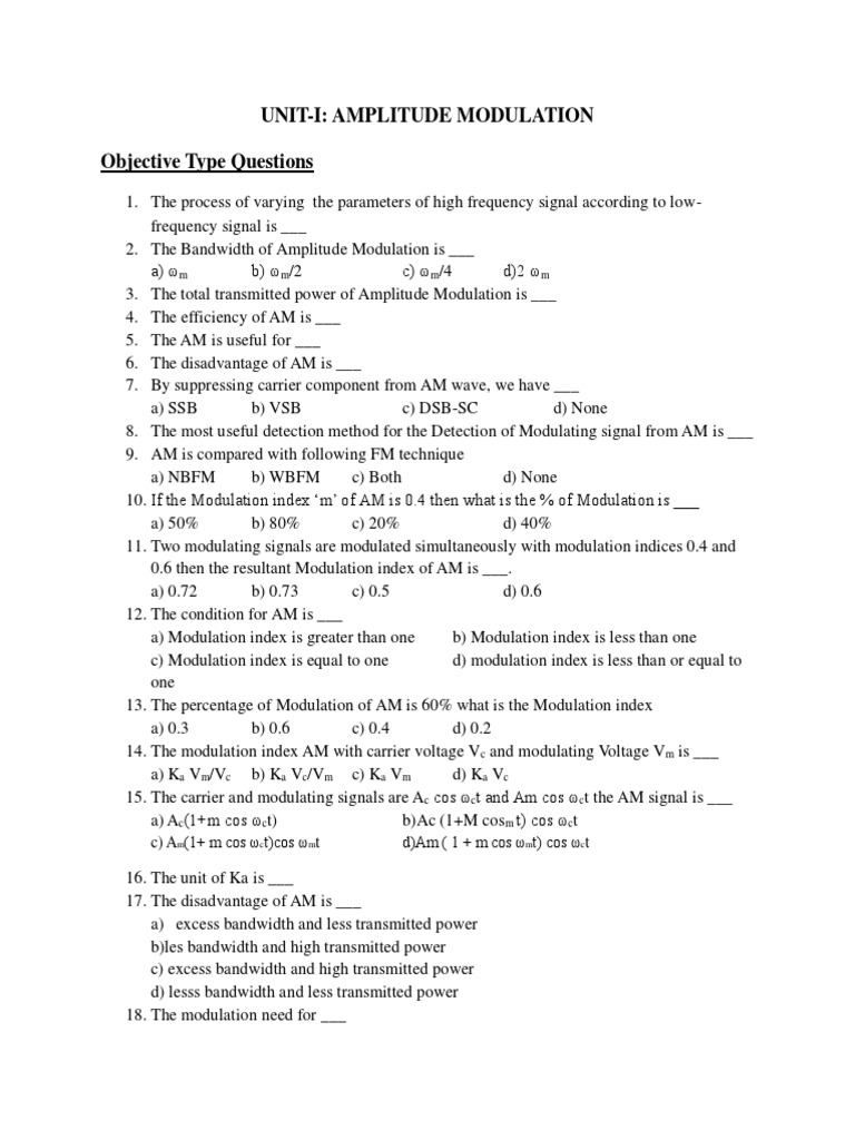Objective Type Questions on Amplitude Modulation Techniques | PDF ... Objective Type Questions on Amplitude Modulation Techniques | PDF ...