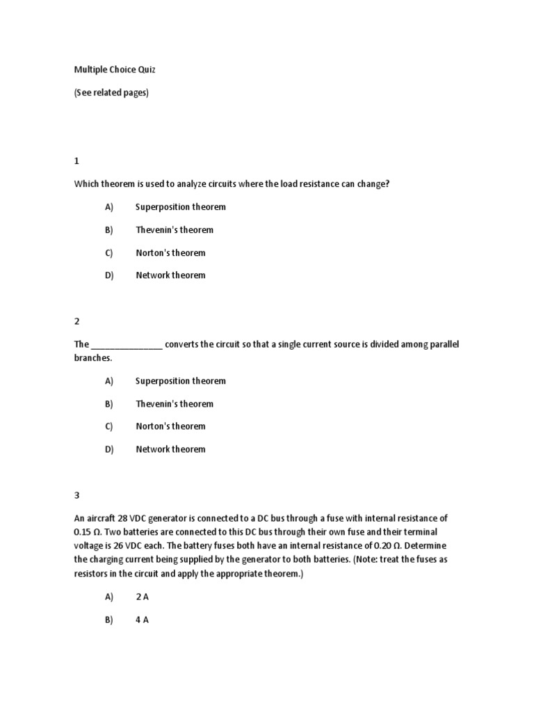 Circuit Theorems Multiple Choice Quiz | PDF | Electrical Network ...
