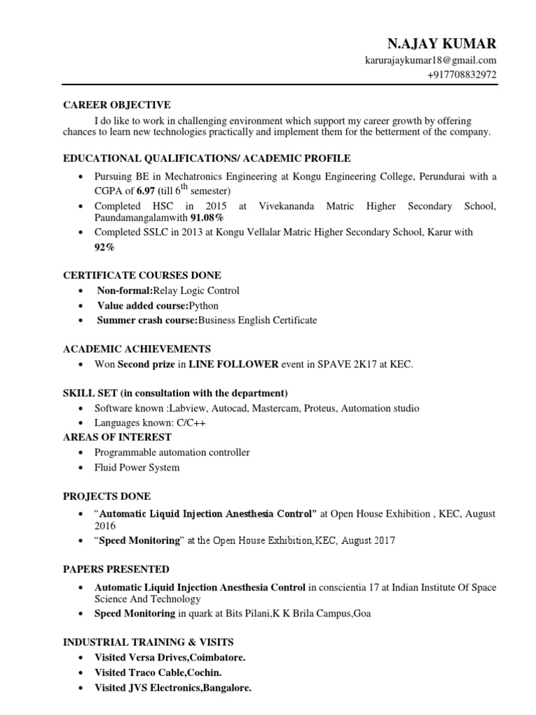 N.Ajay Kumar: Career Objective | PDF | Automation | Science And Technology