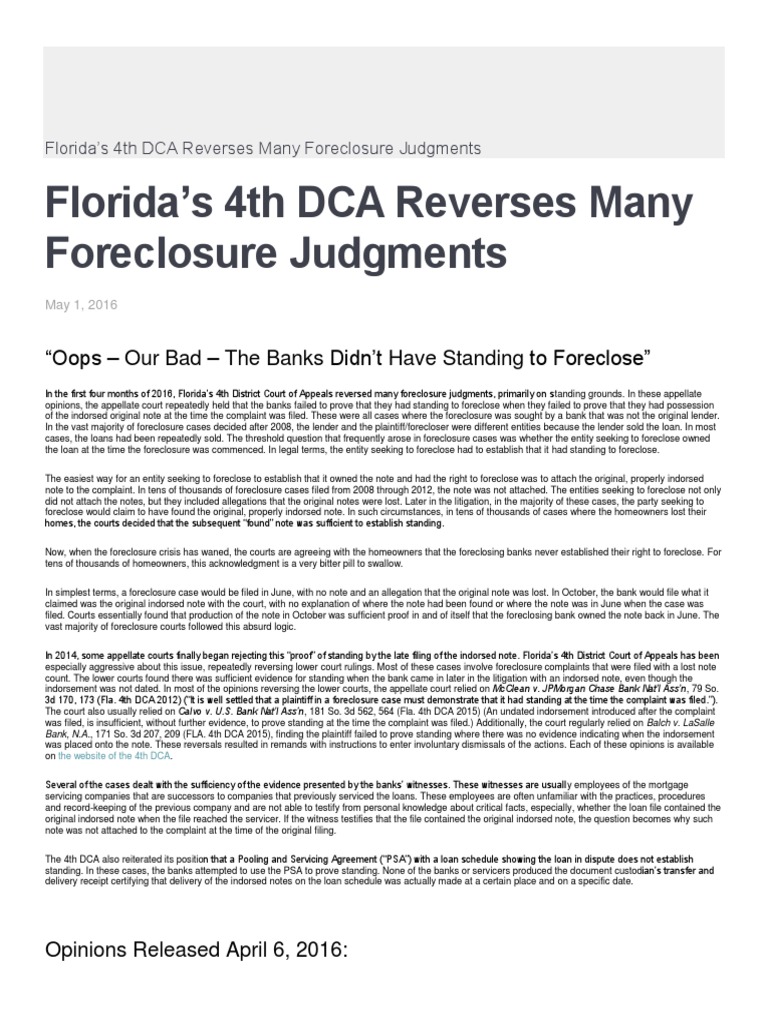 Florida's 4th DCA Reverses Many Foreclosure Judgments | PDF ...
