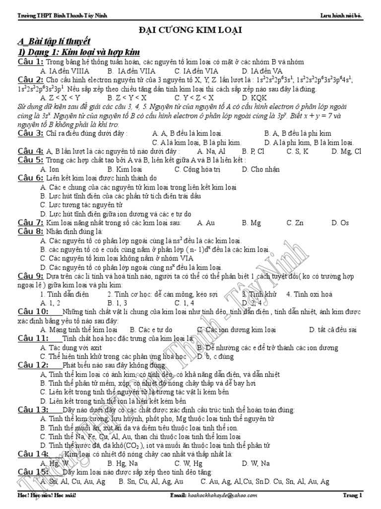 Ly Thuyet Va Bai Tap Dai Cuong KIM LOAI LTDH | PDF