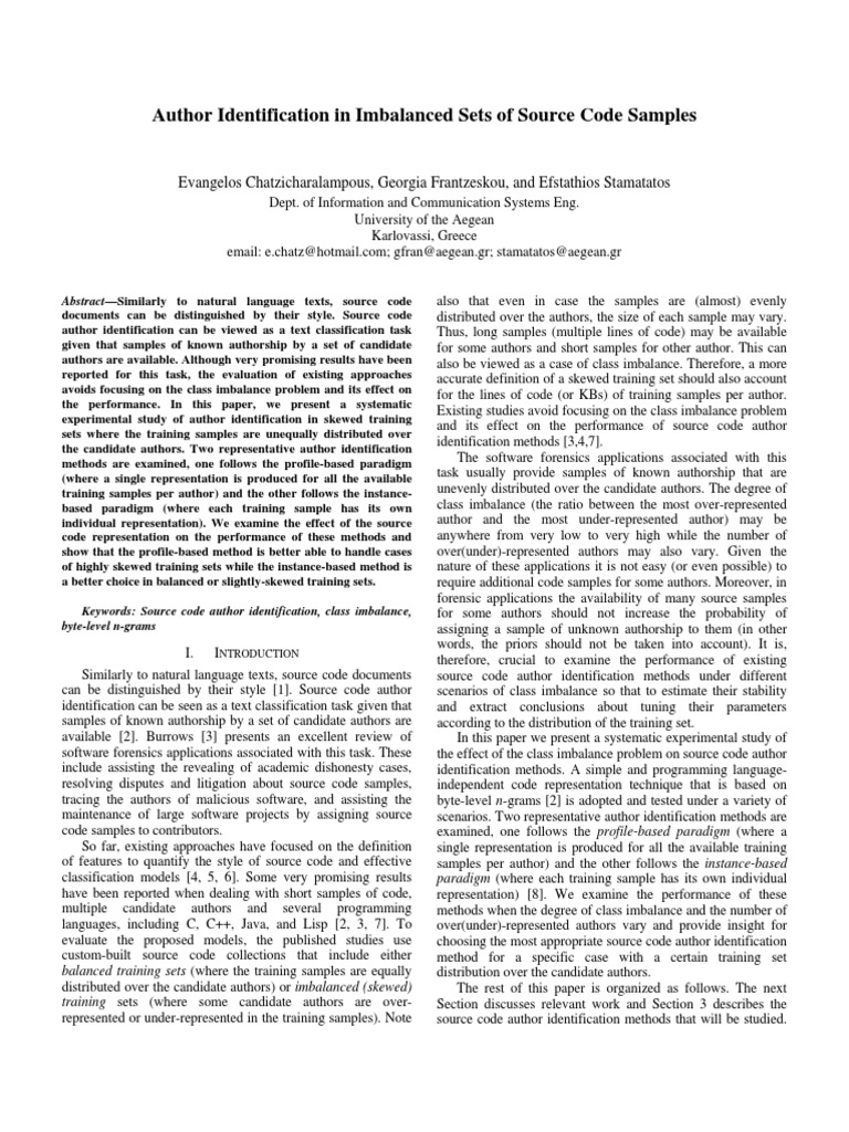 Author Identification in Imbalanced Sets of Source Code Samples | PDF ...