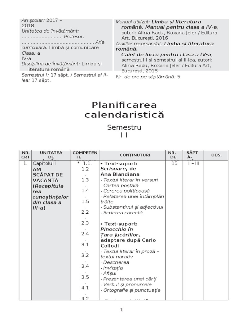Planificare Anuala Romana cls4 v2 | PDF