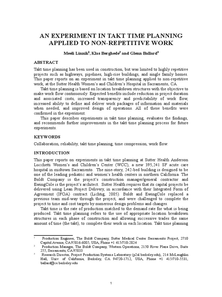 An Experiment in Takt Time Planning Applied To Non-Repetitive Work ...