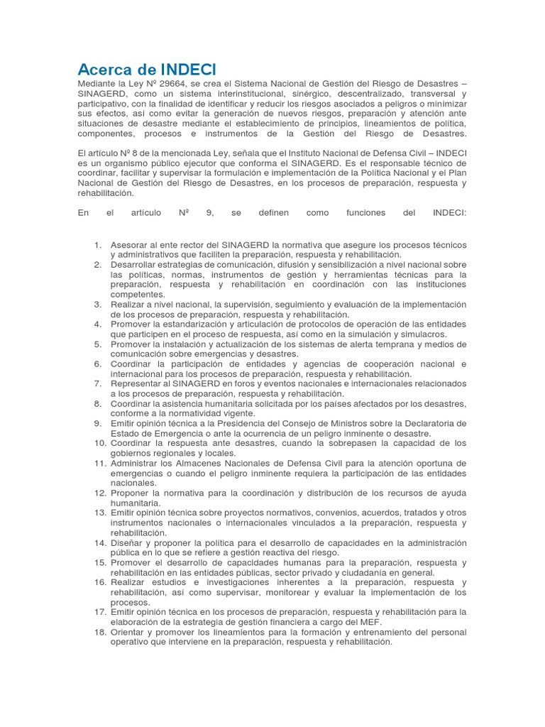 Acerca de INDECI | PDF | Defensa Civil | Bien común
