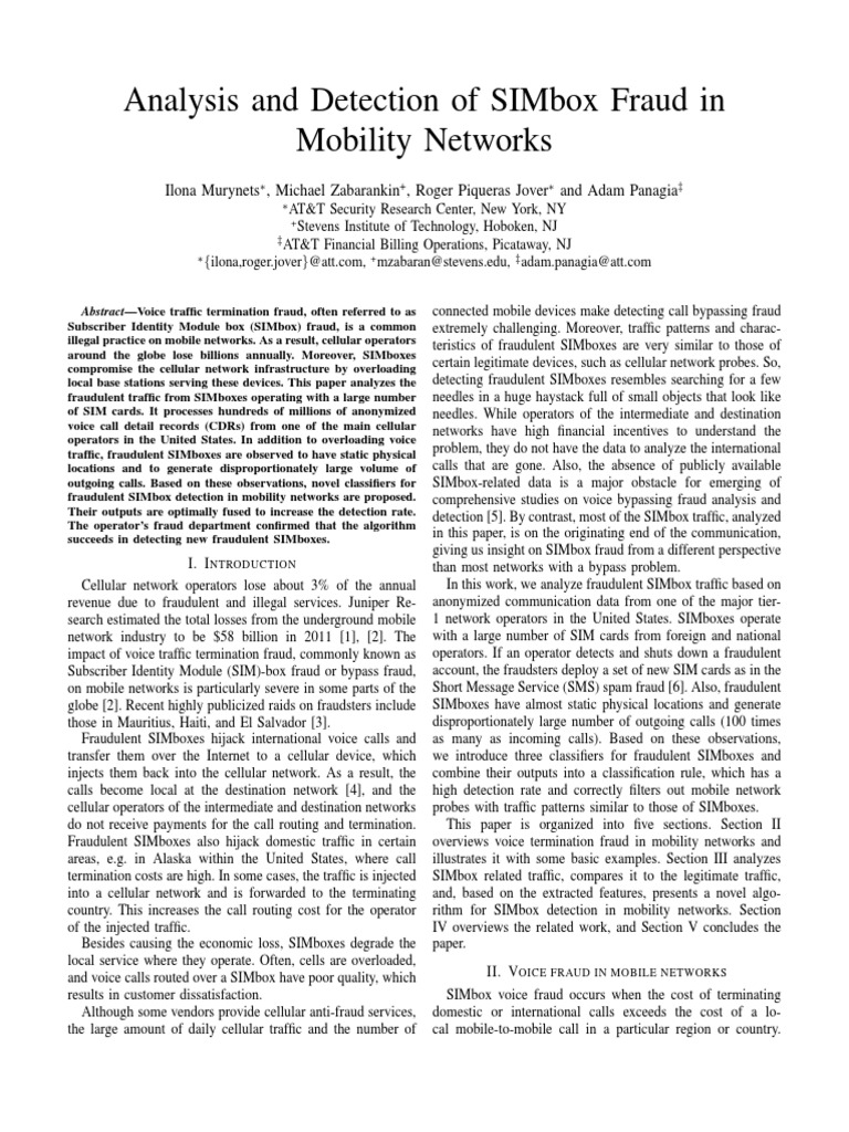 Analysis of Detection Methods for SIMbox Voice Fraud in Mobile Networks Based on Anonymized Call ...
