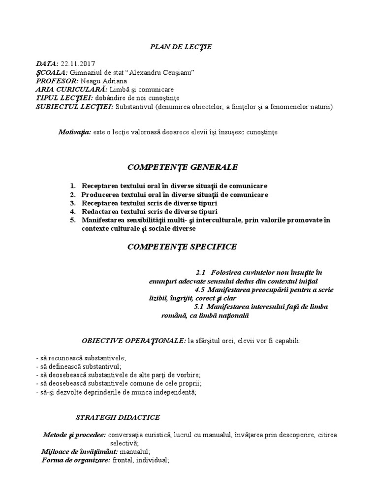 Plan de Lectie Clasa A 5 A Substantivul | PDF