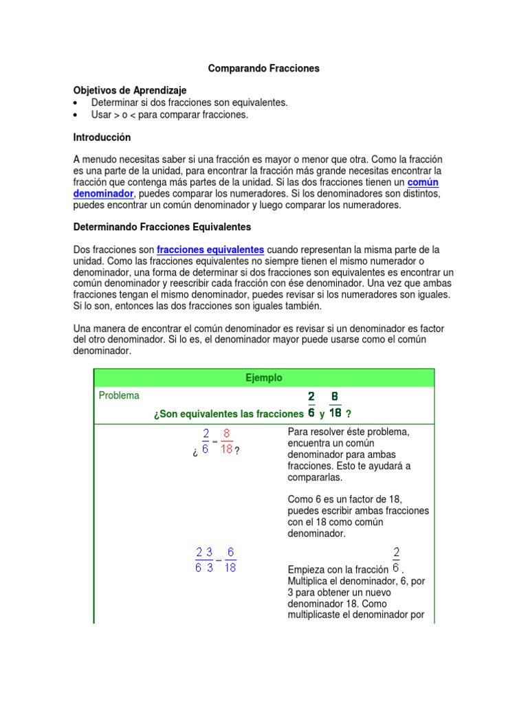 Comparar Fracciones Con Denominadores Comunes
