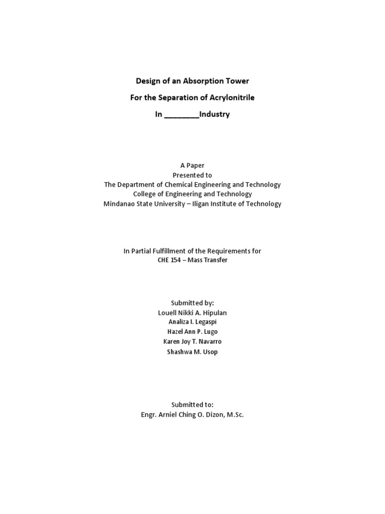 Design of An Absorption Tower For The Separation of Acrylonitrile in ...