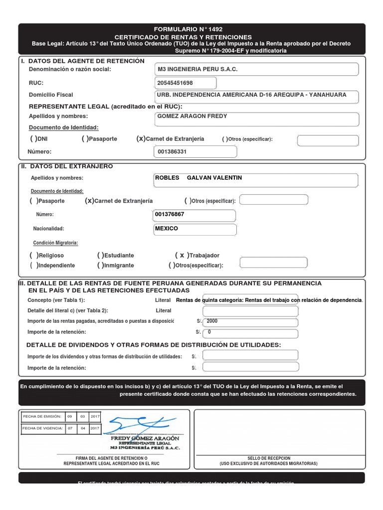 Formulario 1492 - Certificado de Rentas y Retenciones | Impuesto sobre ...