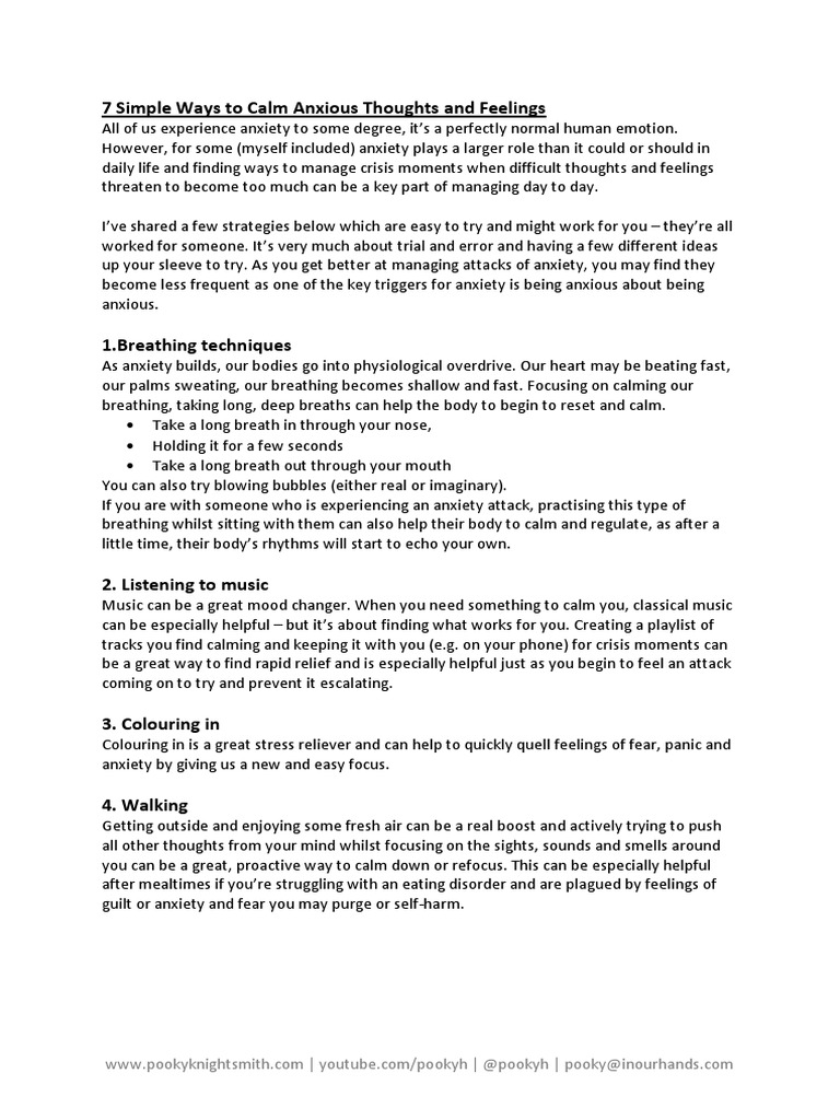 7 Simple Ways To Calm Anxious Thoughts and Feelings | PDF | Anxiety ...