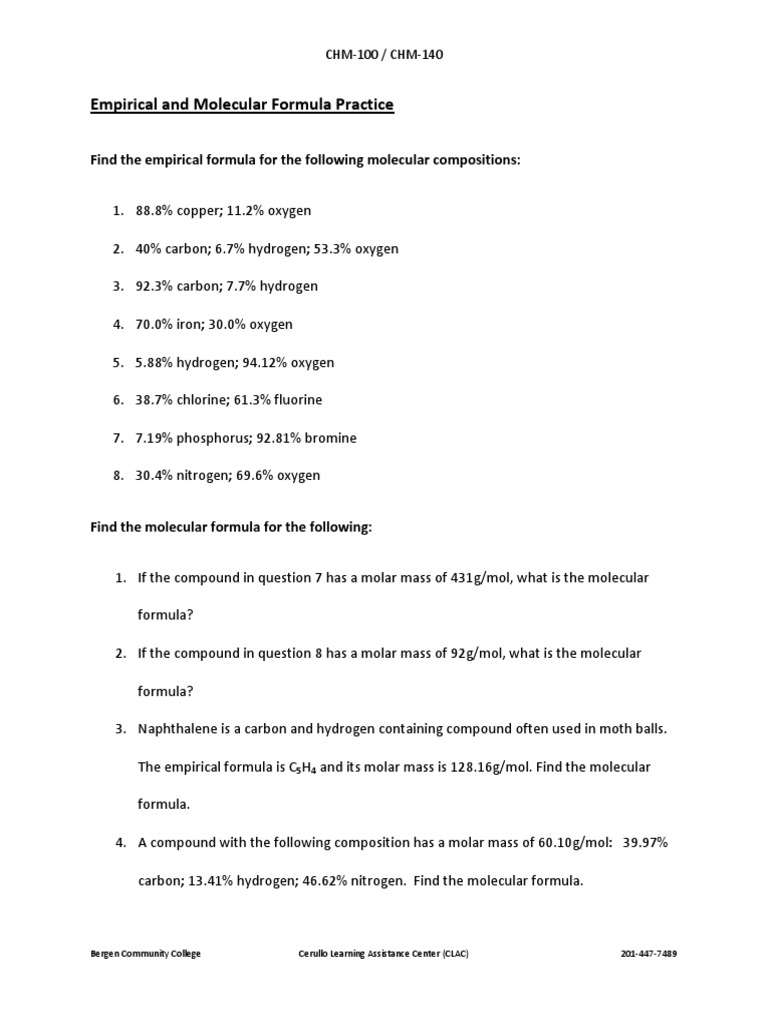 Empirical and Molecular Formula Practice | PDF | Wellness | Science ...