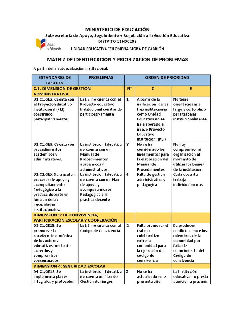 Matriz de Identificacion y Priorizacion de Problemas | PDF | Institución | Maestros