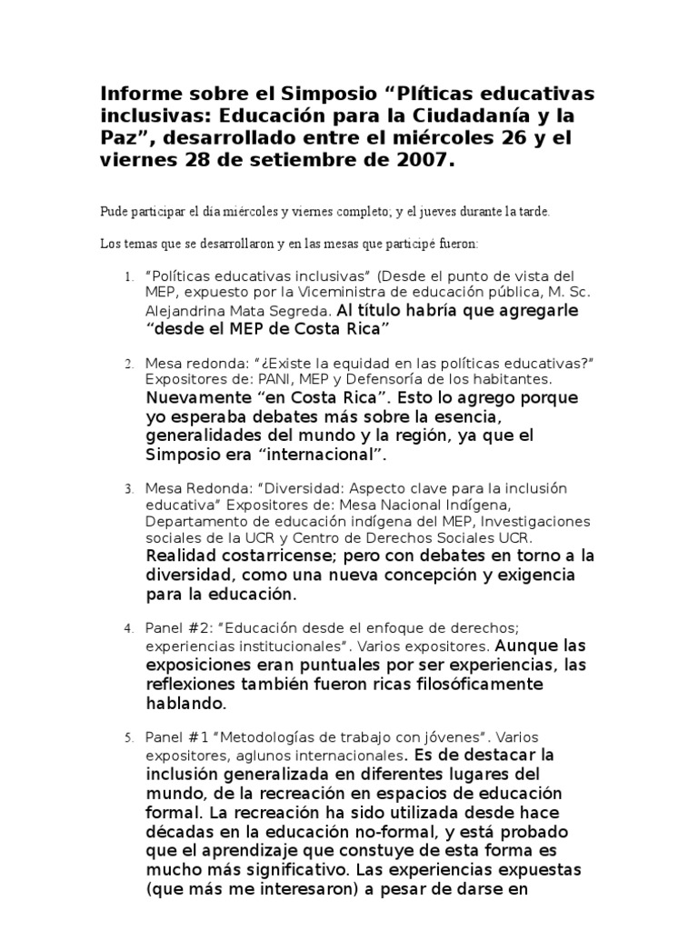 Informe Sobre El Simposio | PDF | Violencia | Plan de estudios