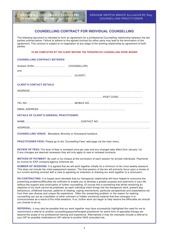 Counselling 121 Contract | PDF | General Practitioner | Psychotherapy