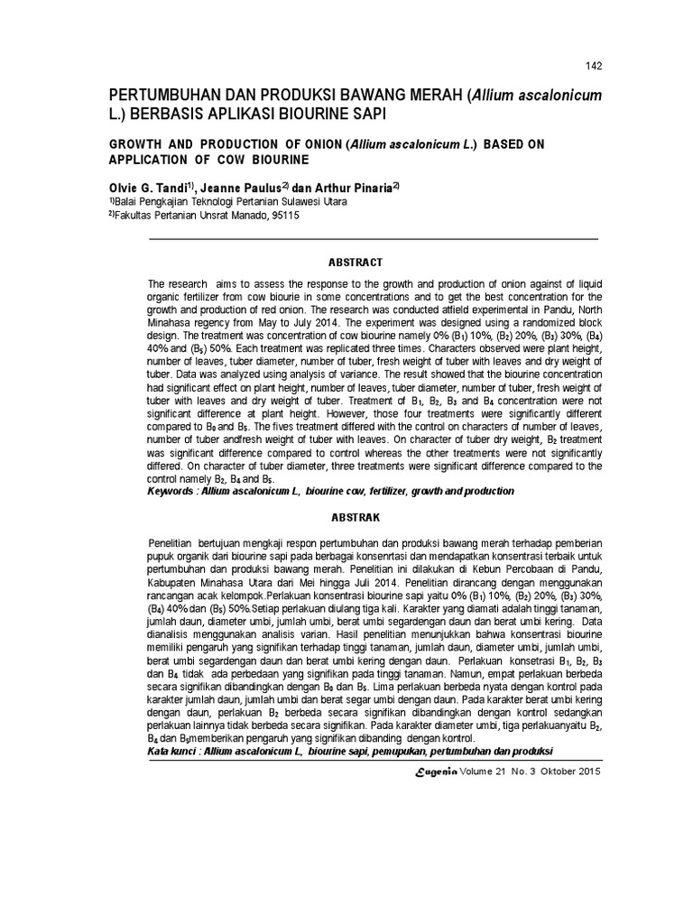 Pertumbuhan Dan Produksi Bawang Merah (Berbasis Aplikasi Biourine Sapi ...