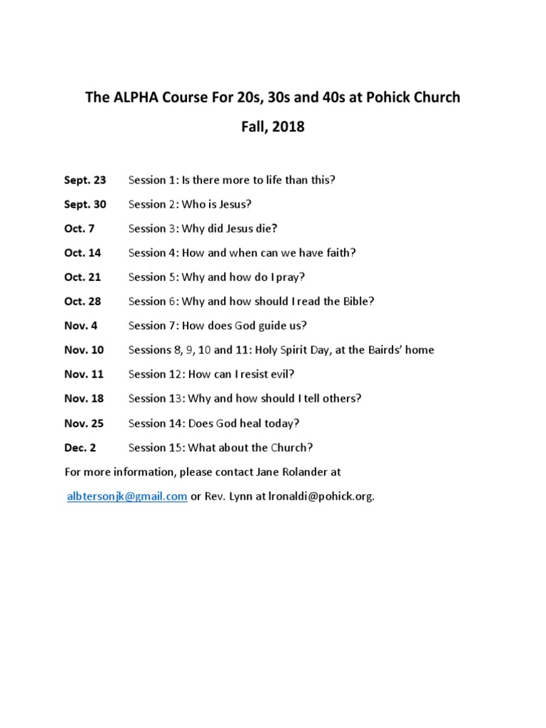 The ALPHA Course For 20s, 30s and 40s at Pohick Church Fall, 2018 | PDF