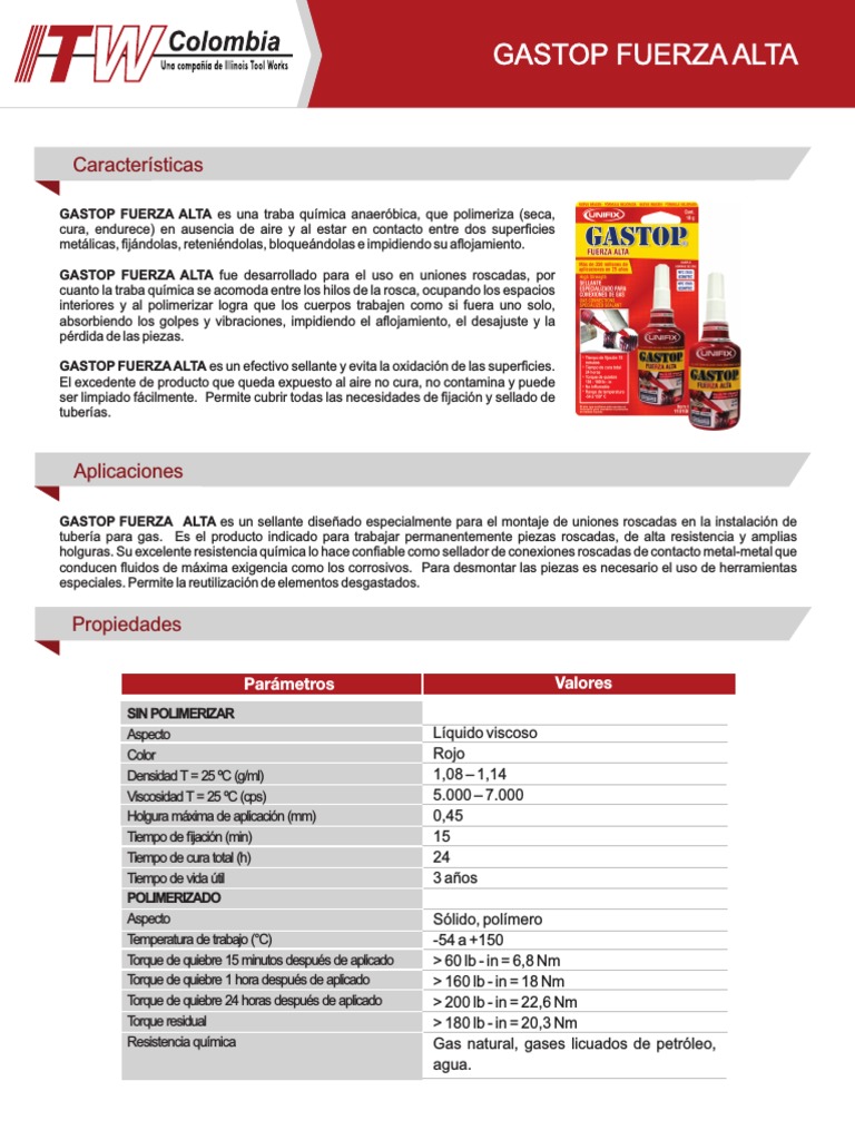 Gastop Fuerza Alta: Sellante Anaeróbico | PDF | Viscosidad | Materiales