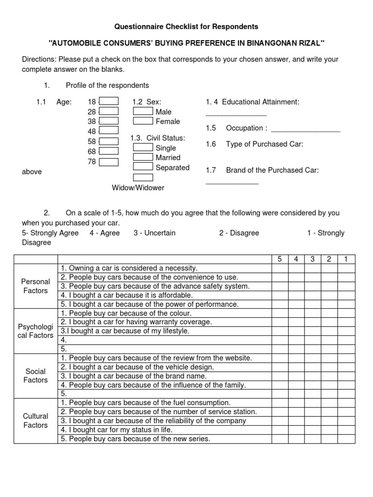 Questionnaire Checklist For Respondents "Automobile Consumers' Buying ...