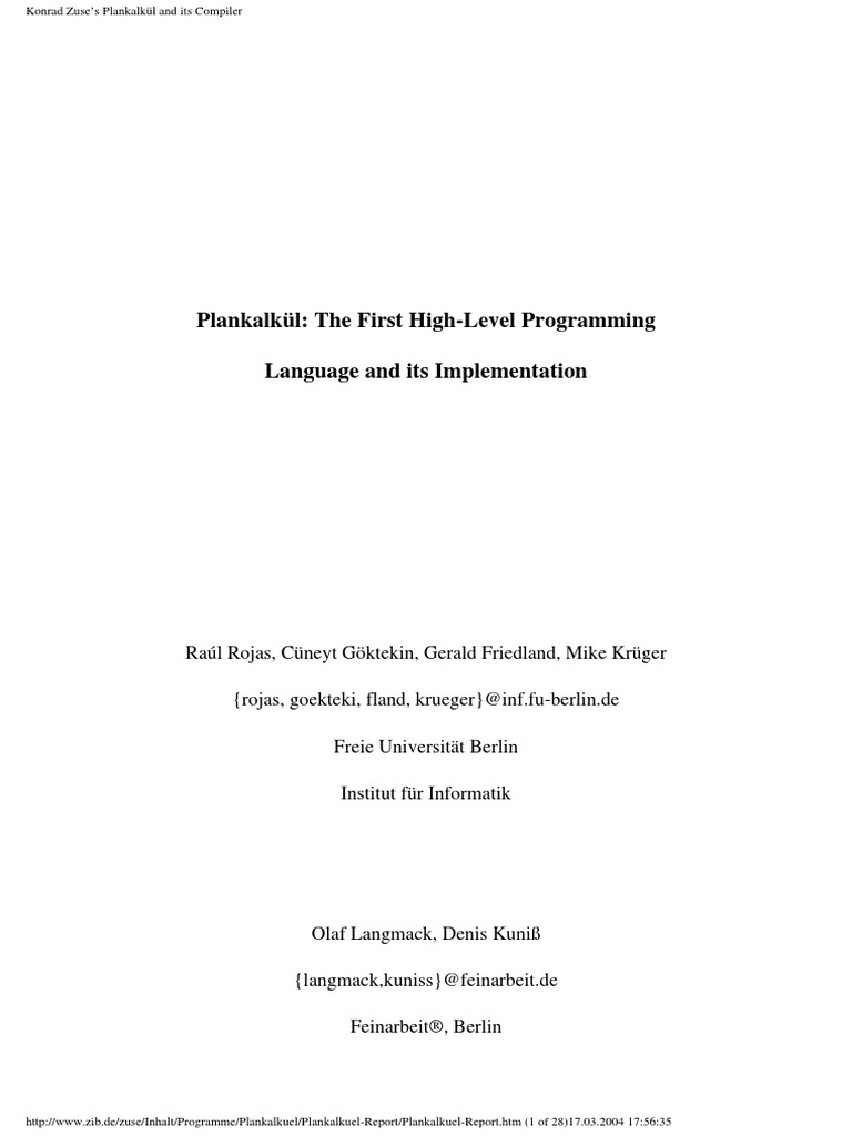 Plankalkül - The First High-Level Programming Language and Its ... Plankalkül - The First High-Level Programming Language and Its ...