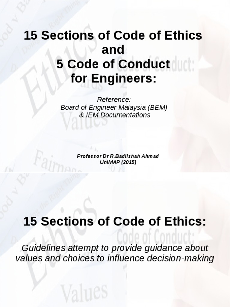 15 Sections of Code of Ethics and 5 Code of Conduct For Engineers | PDF ...