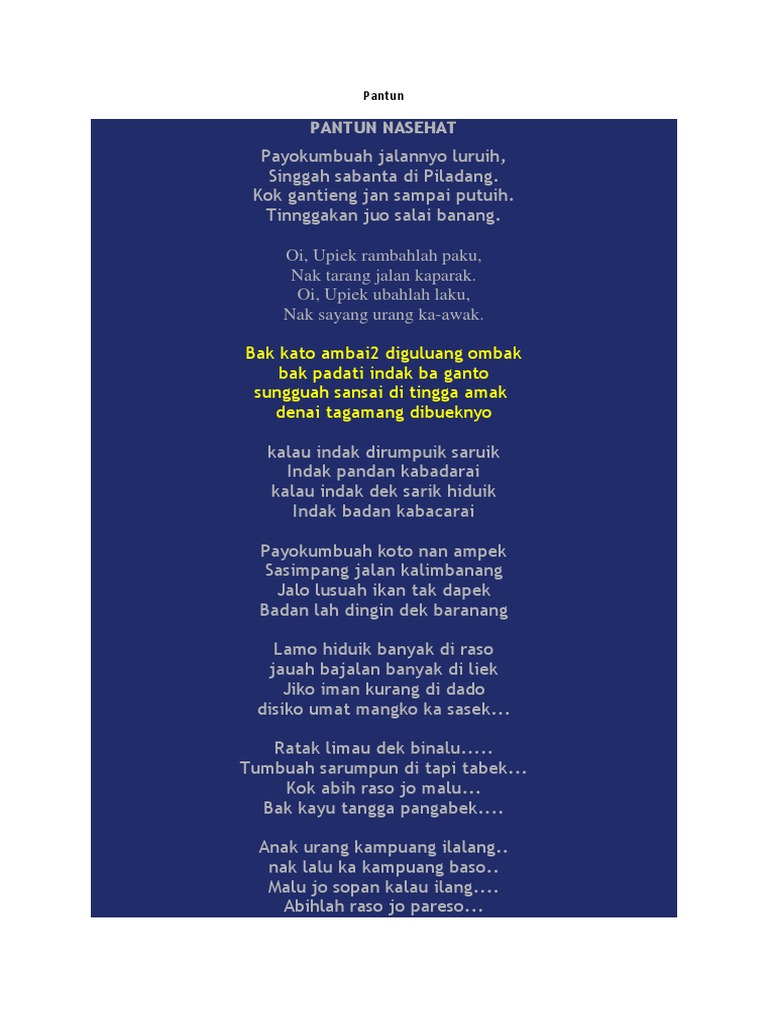 Pantun Nasehat Minangkabau | PDF