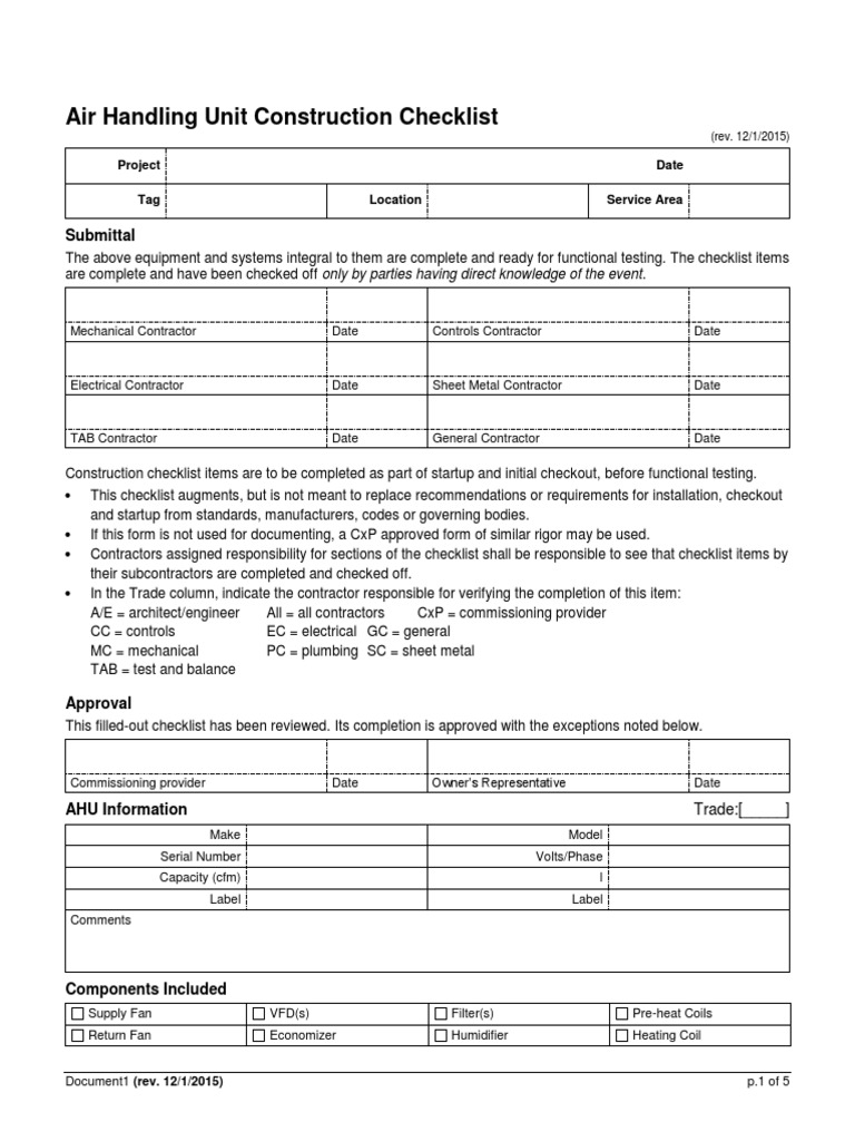 2.6.1.1 AHU - Construction.checklist | PDF | Duct (Flow) | Pipe (Fluid ...
